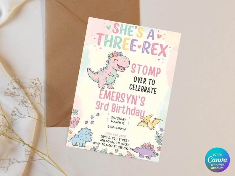 She's A Three Rex Dinosaur Birthday Invitation | Pastel Pink Dino Girl ...