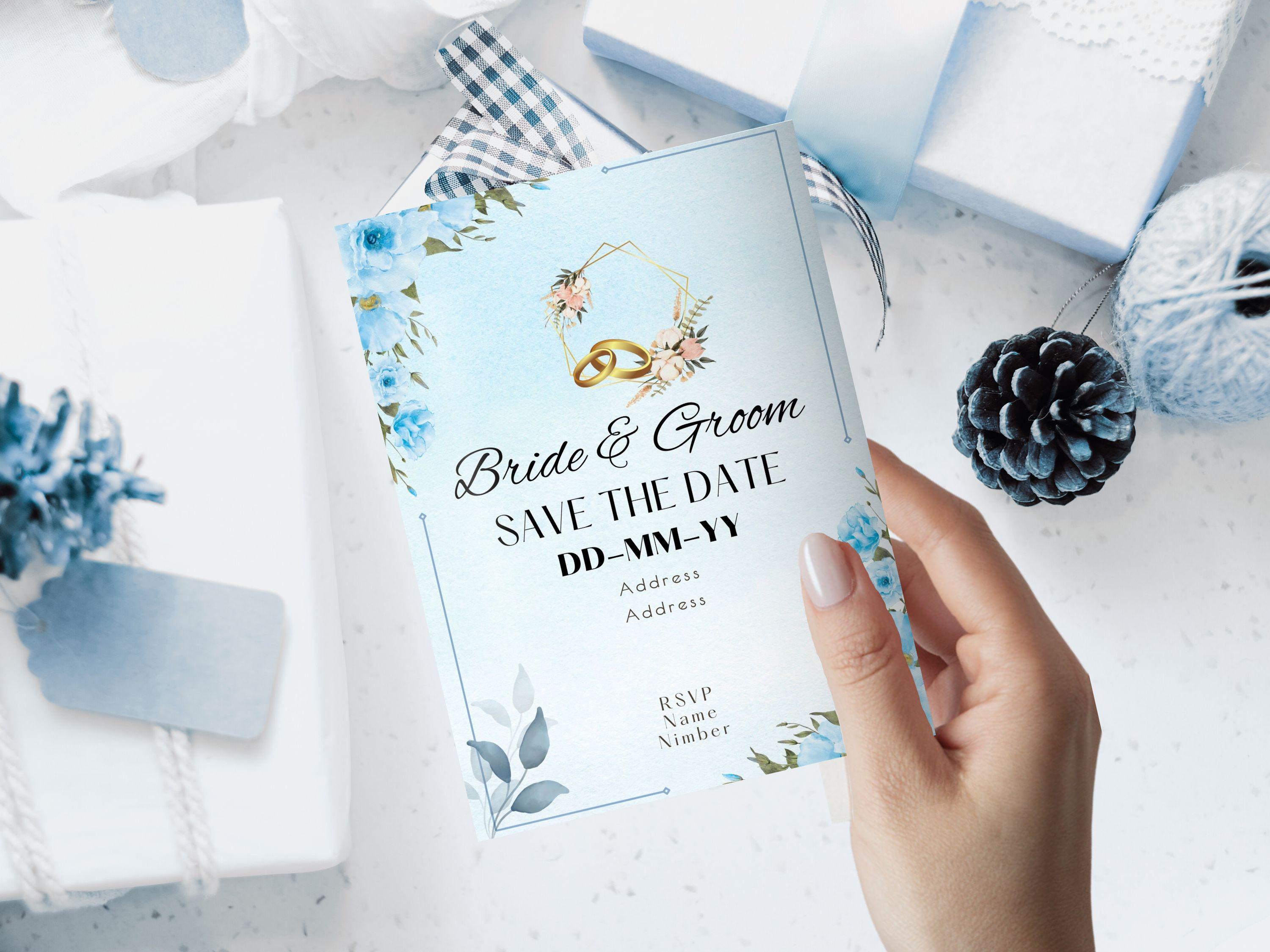Editable Light Blue Floral Wedding Invitation Template | DIY Canva ...