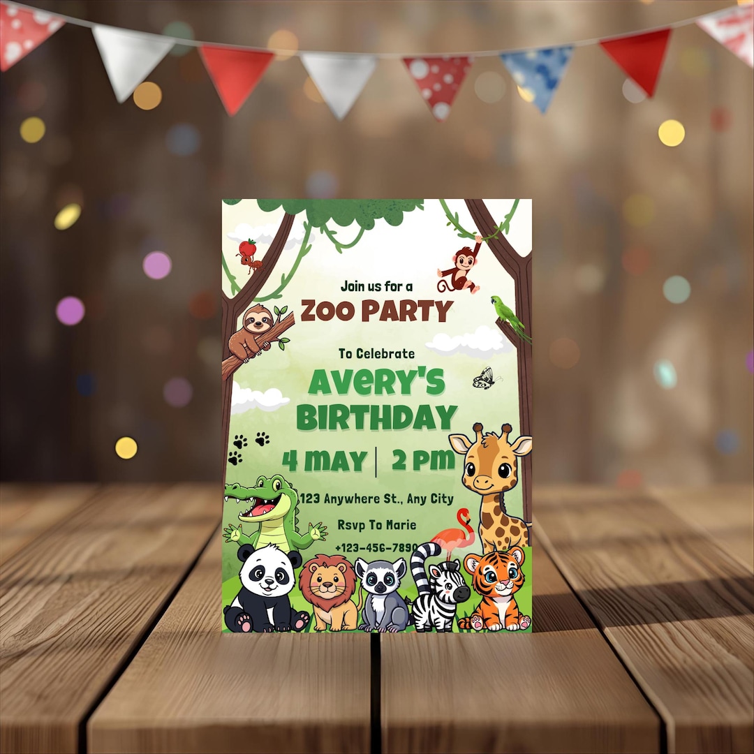 Zoo Birthday Invitation, Editable Canva Safari Animals Party Theme ...