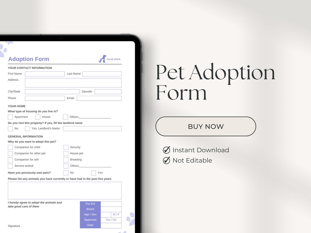 Printable Pet Adoption Form – Editable Pet Adoption Application, Animal ...