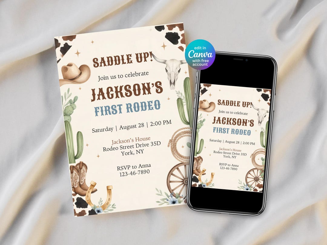 First Rodeo Birthday Invitation Boy | Saddle up Western Cowboy 1st ...