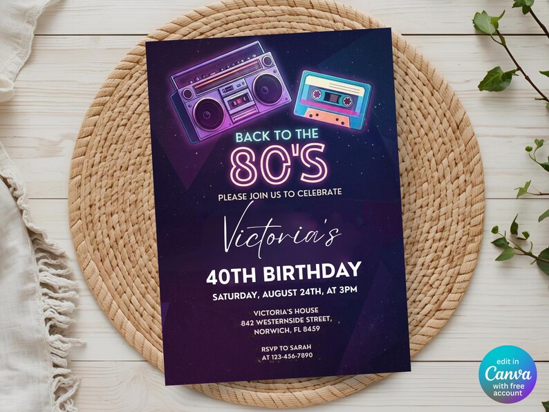 Retro 80s Neon Birthday Invitation | Editable Canva Party Invite ...