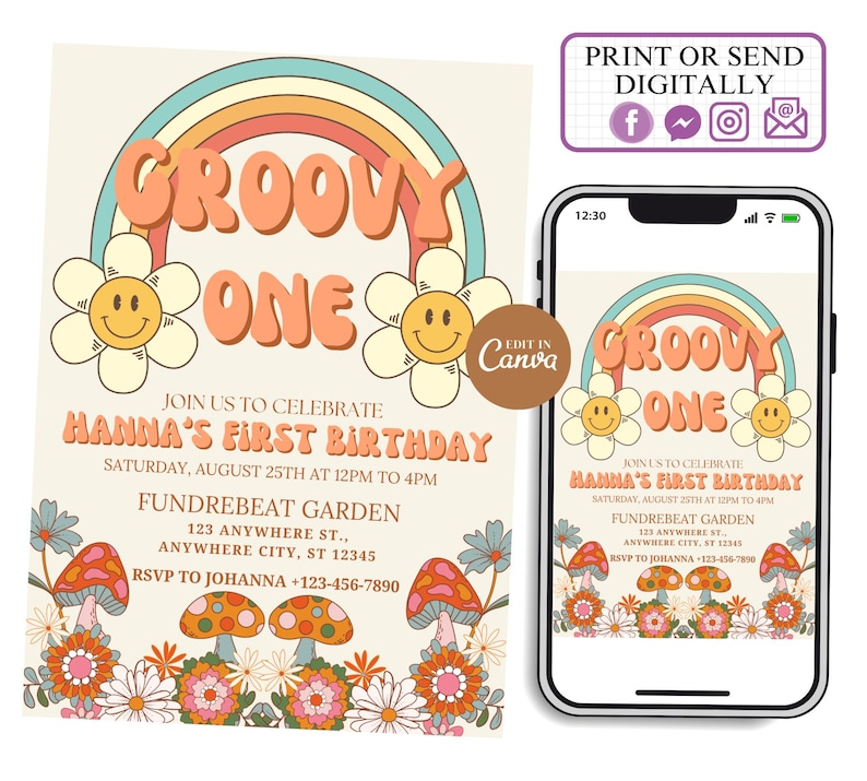 Groovy Birthday Invitation, Retro Daisy Party (editable Canva Template ...