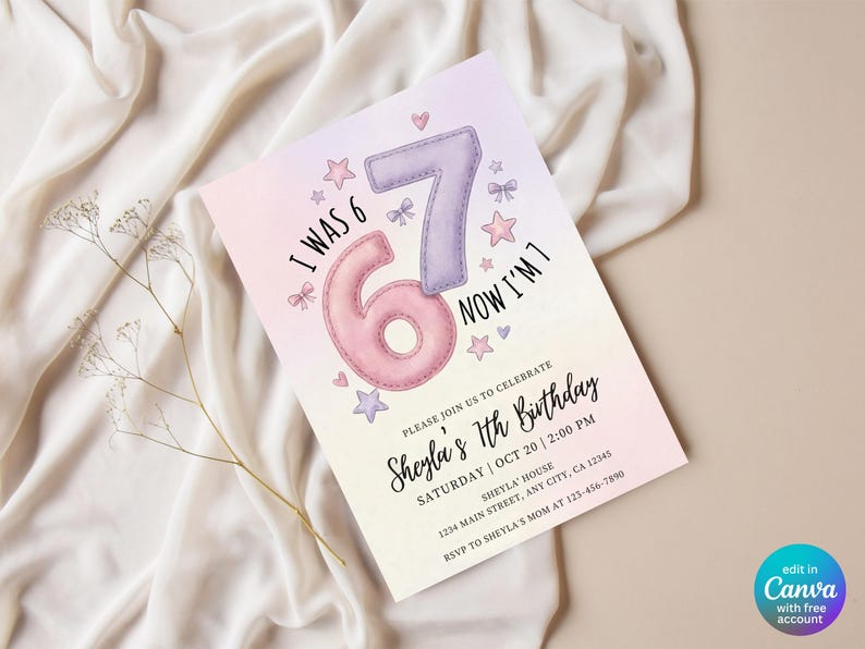 7th Birthday Invitation Girl | Pastel "i Was 6 Now I'm 7" Canva ...