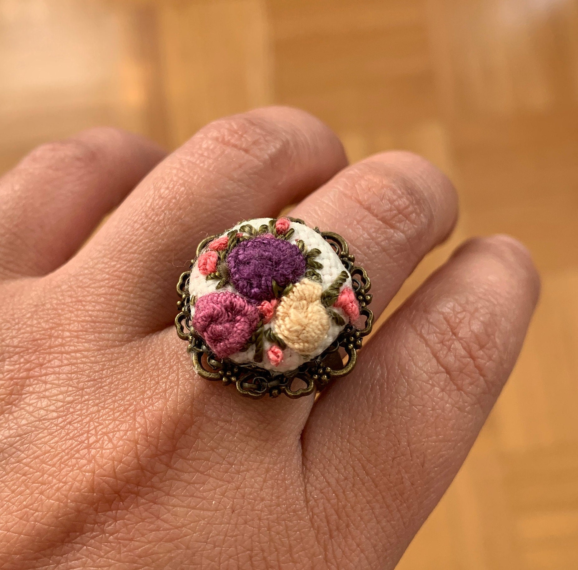 Embroidered Flower Ring Rose Jewelry, Bright Silk Statement Ring, Boho ...