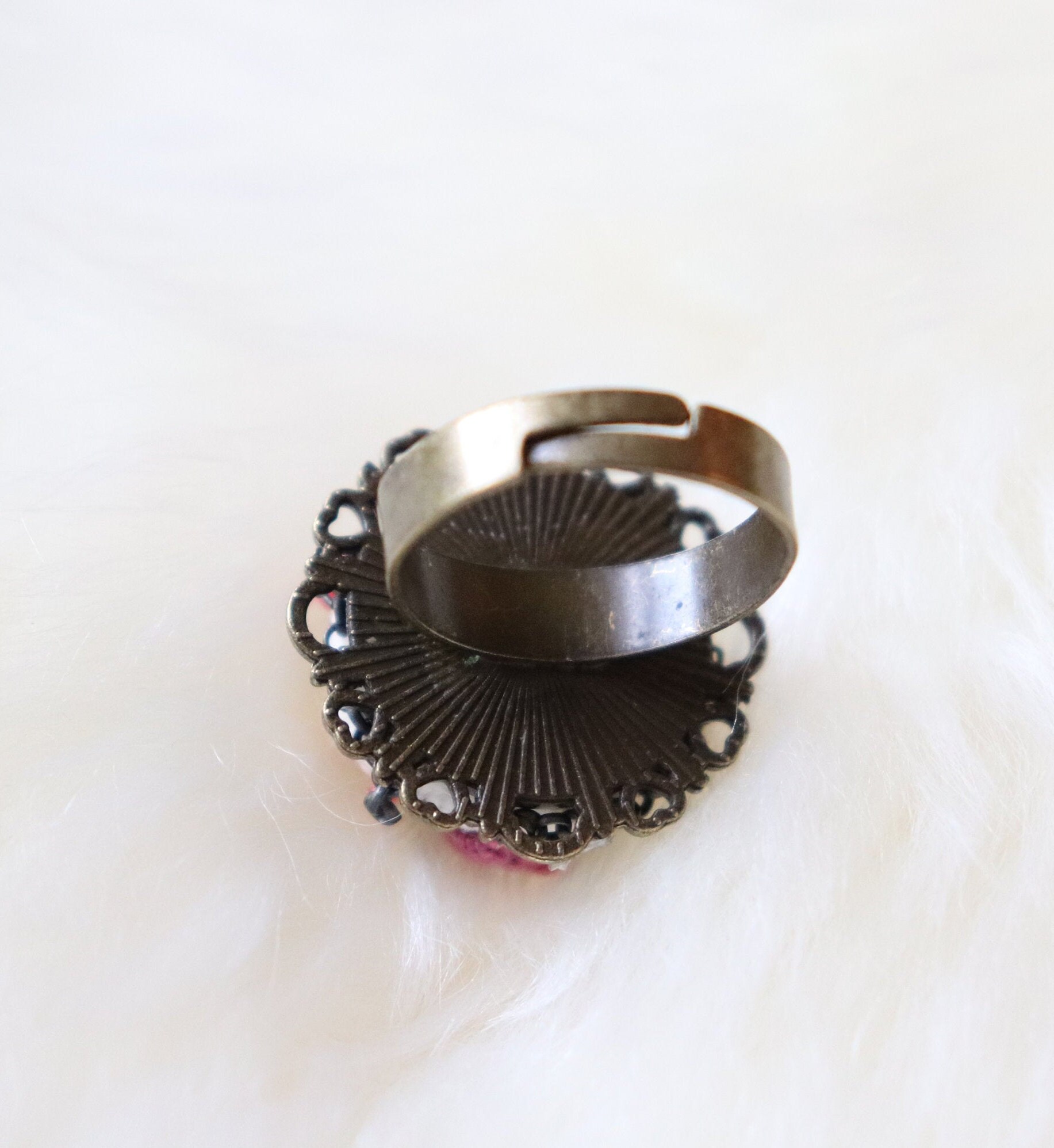 Embroidered Flower Ring Rose Jewelry, Bright Silk Statement Ring, Boho ...