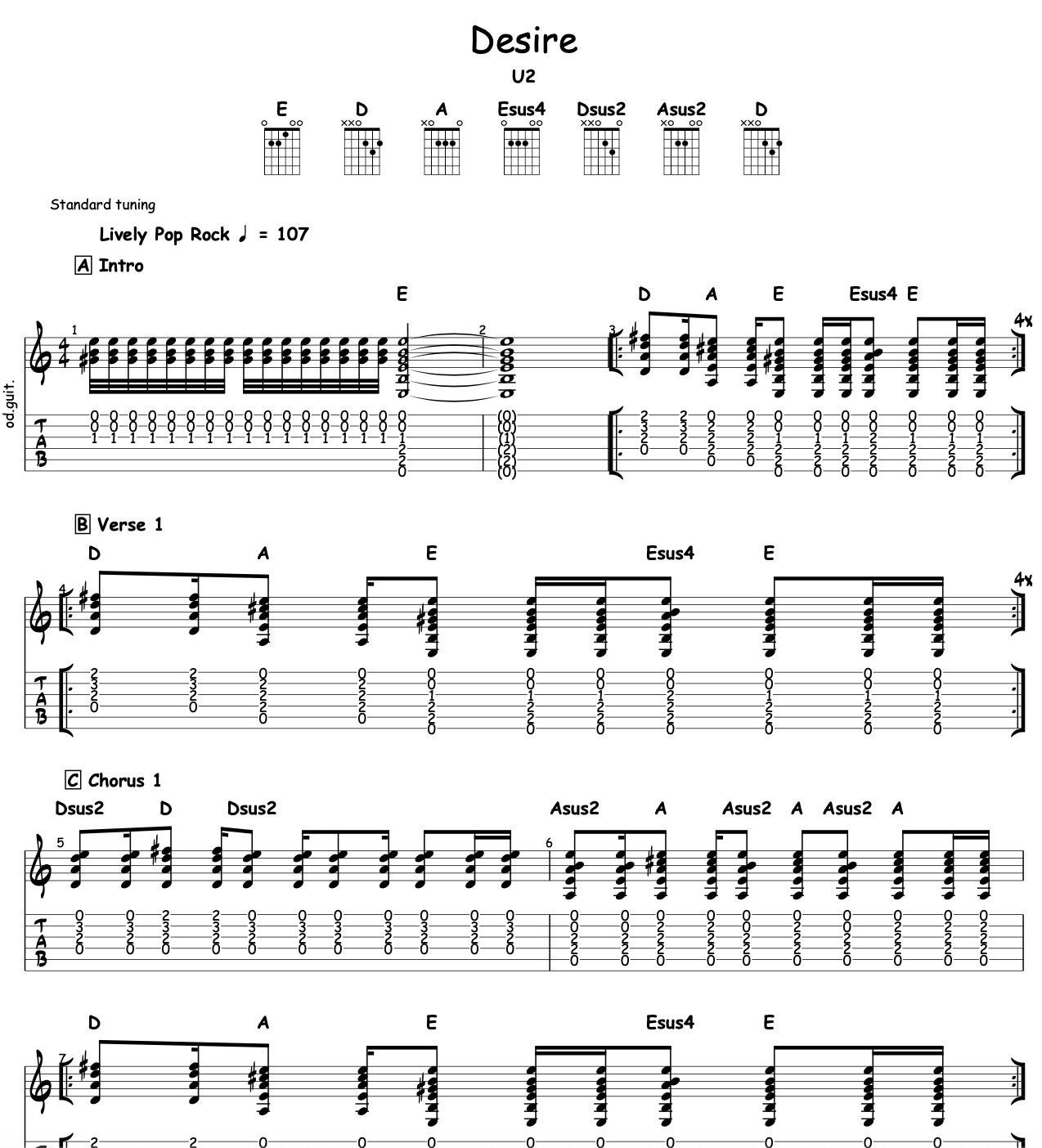 U2 - 'desire' Rhythm Guitar TAB (with Audio) - Etsy