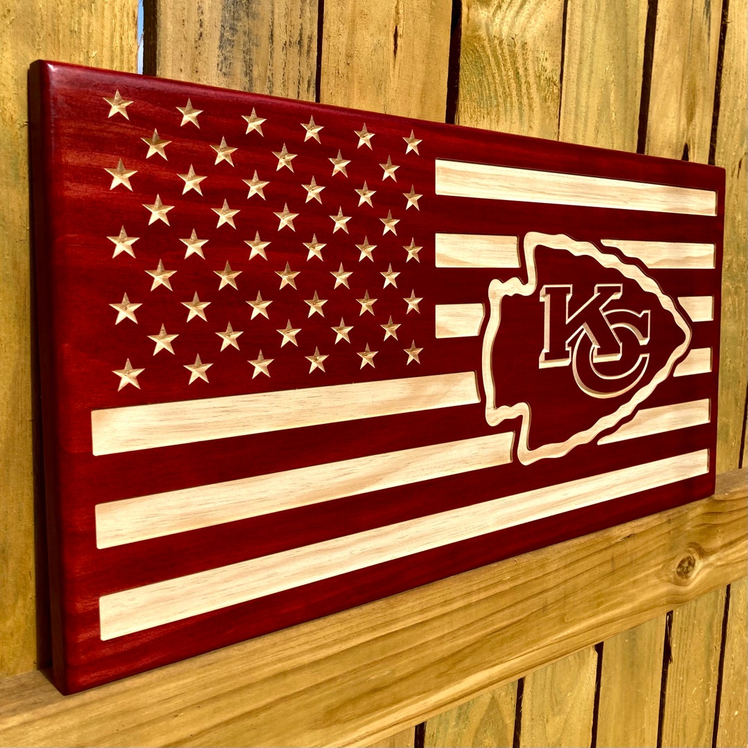 Kansas City Chiefs American Flag Wall Plaque Premium Pine Wood Wall ...