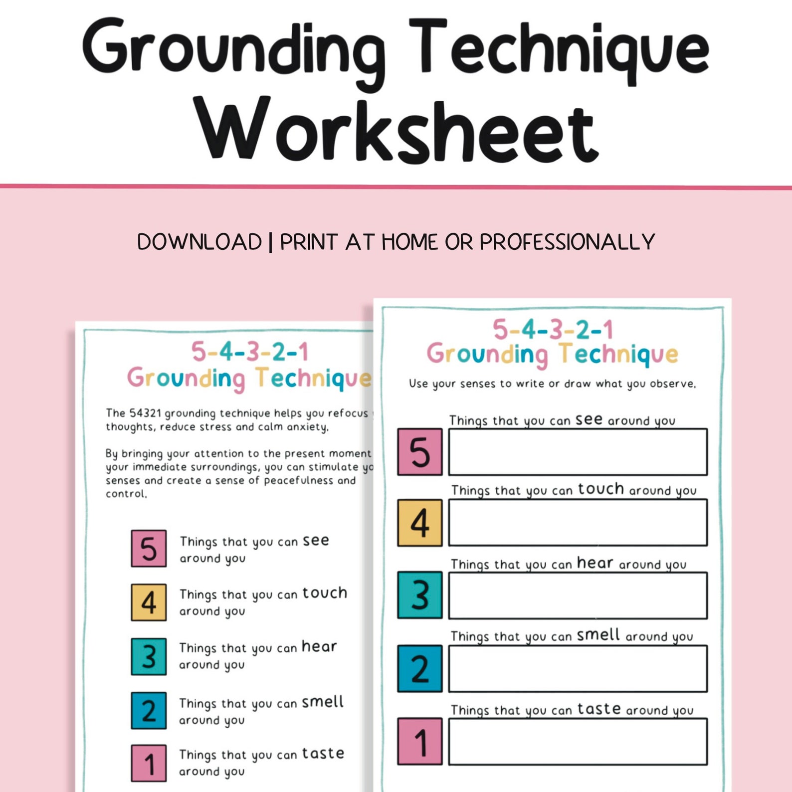 Grounding Technique Exercise Therapy Worksheet 54321 Therapy Copying ...