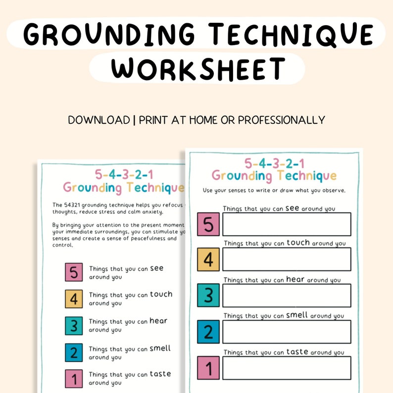 Grounding Technique Exercise Therapy Worksheet 54321 Therapy Copying ...