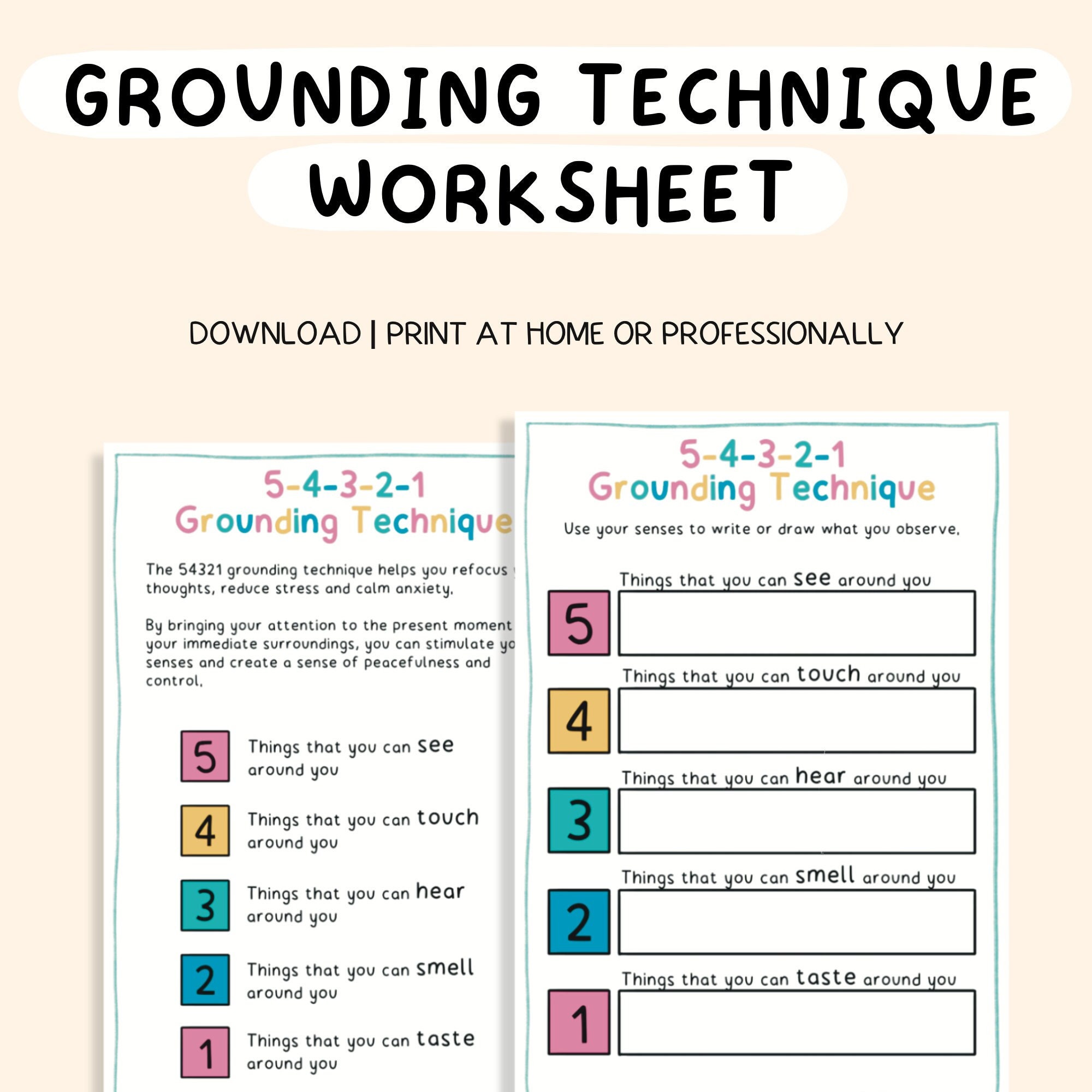 Grounding Technique Exercise Therapy Worksheet 54321 Therapy Copying ...