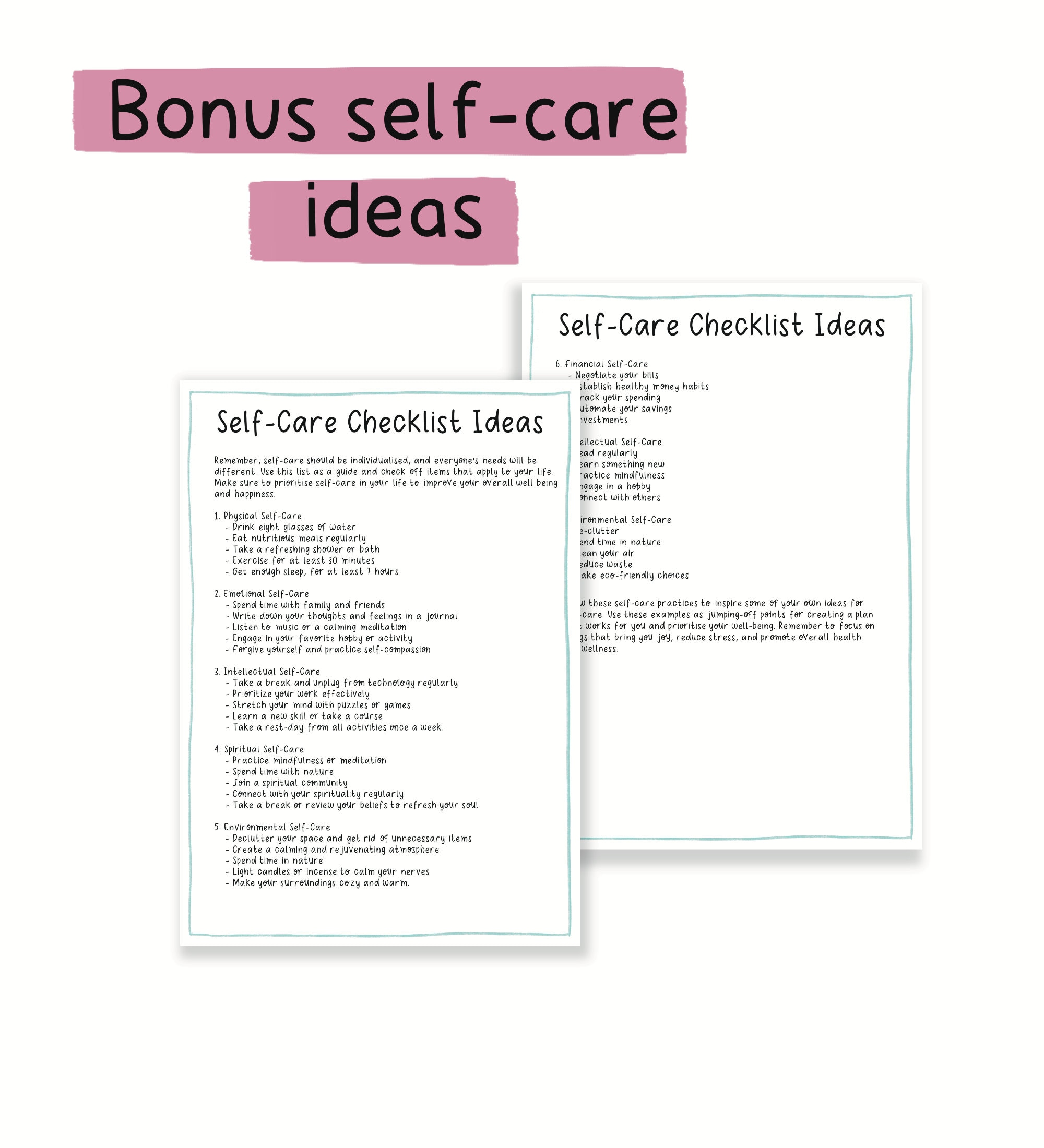 Self-care Daily Planning Day Planner Checklist Sheets Wellness Journal ...