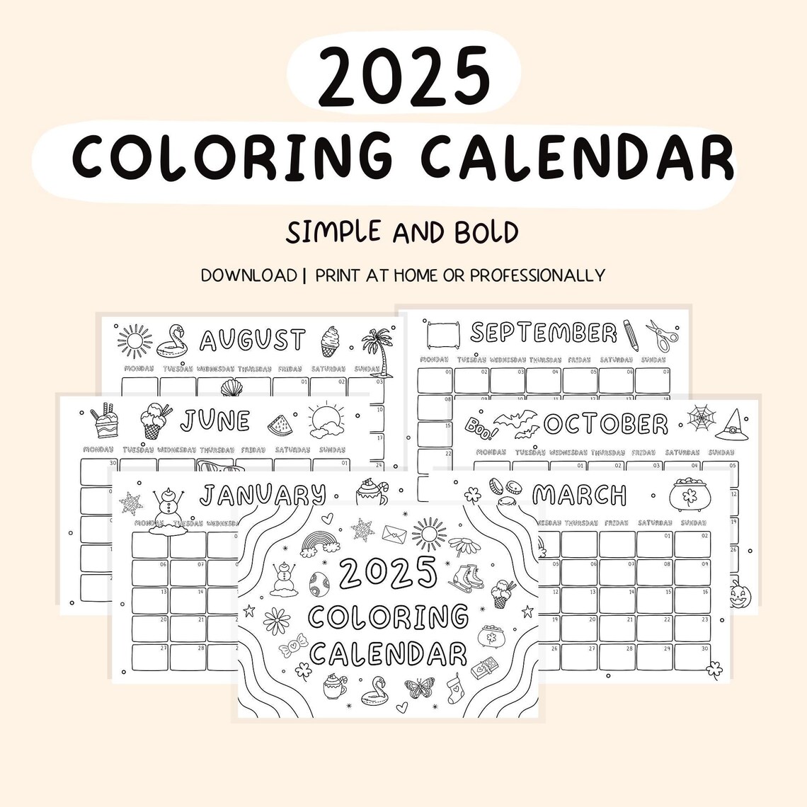 2025 Coloring Calendar Kids Calendar 2025 Monthly Planner Printable ...