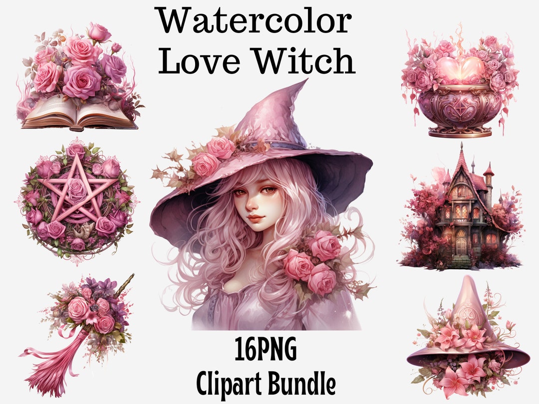 Watercolor Pink Witch Clipart, Witchy Clipart, Halloween Love Witch PNG ...