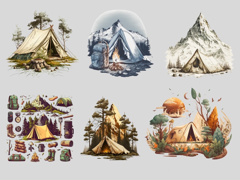 Watercolor Tent, Hiking, Camping Clipart Bundle PNG Mountain Forest ...
