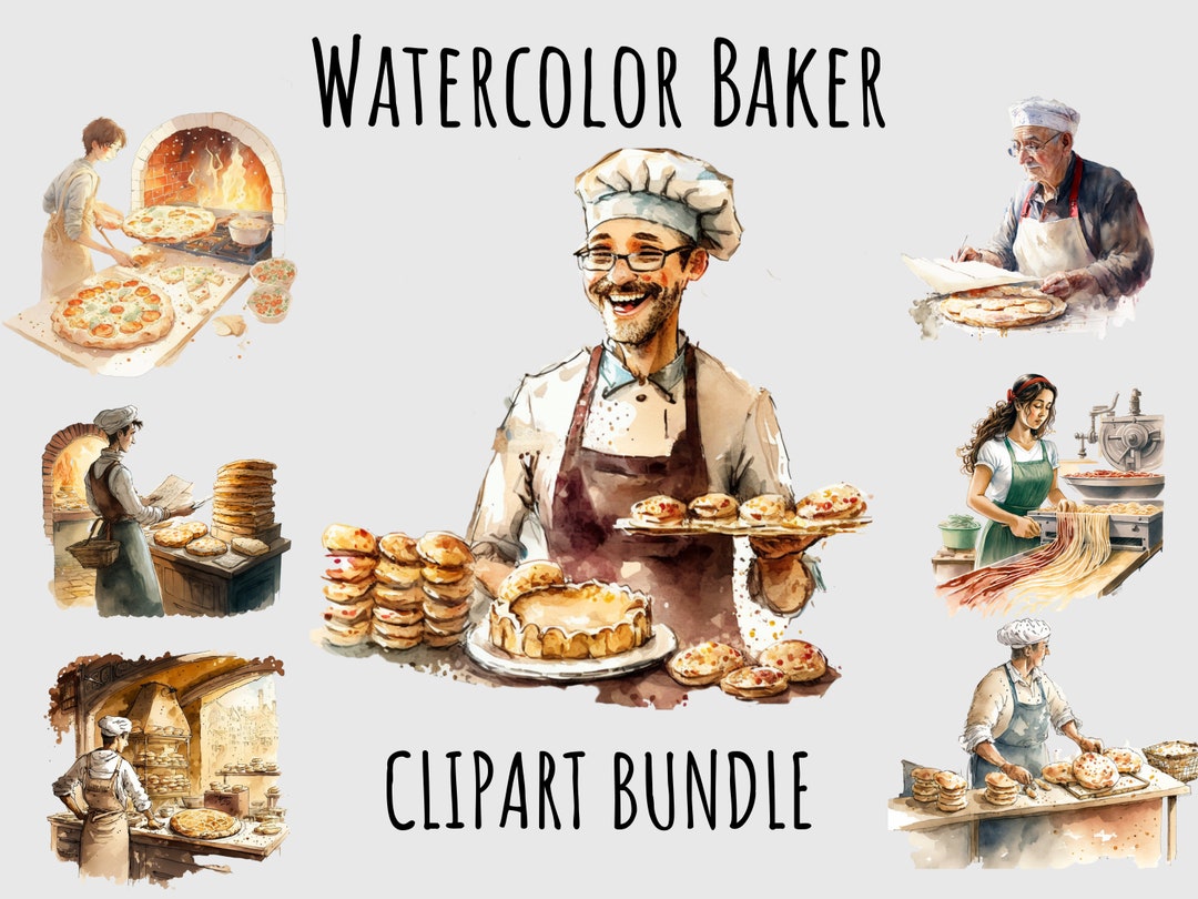Watercolor Baker Clipart PNG Printable Bundle, Bakery, Store, Chef ...