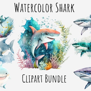 Watercolor Shark Clipart, Cute Baby Shark Clip Art, Great White Shark ...