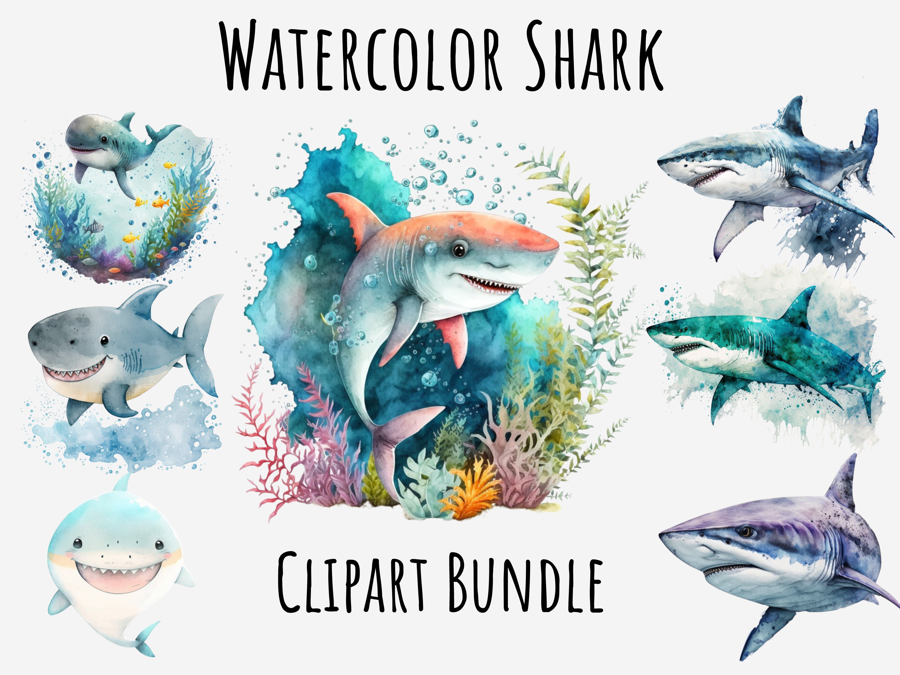 Watercolor Shark Clipart Cute Baby Shark Clip Art Great - Etsy UK