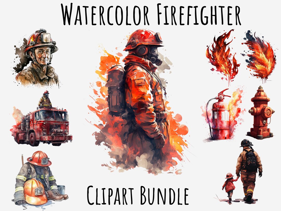 Watercolor Firefighter Clipart Png Bundle, Fire Clipart, Sublimation ...