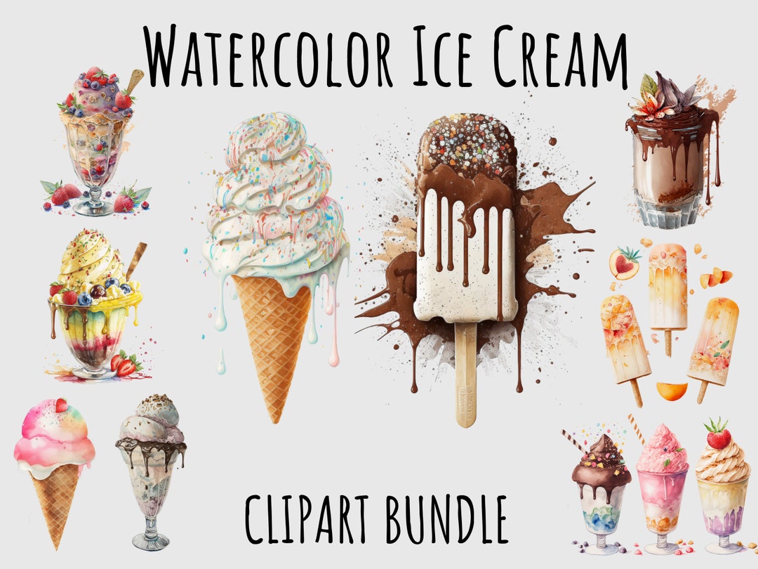 Watercolor Ice Cream Clipart PNG Bundle, Popsicle, Ice Cream Bowl ...