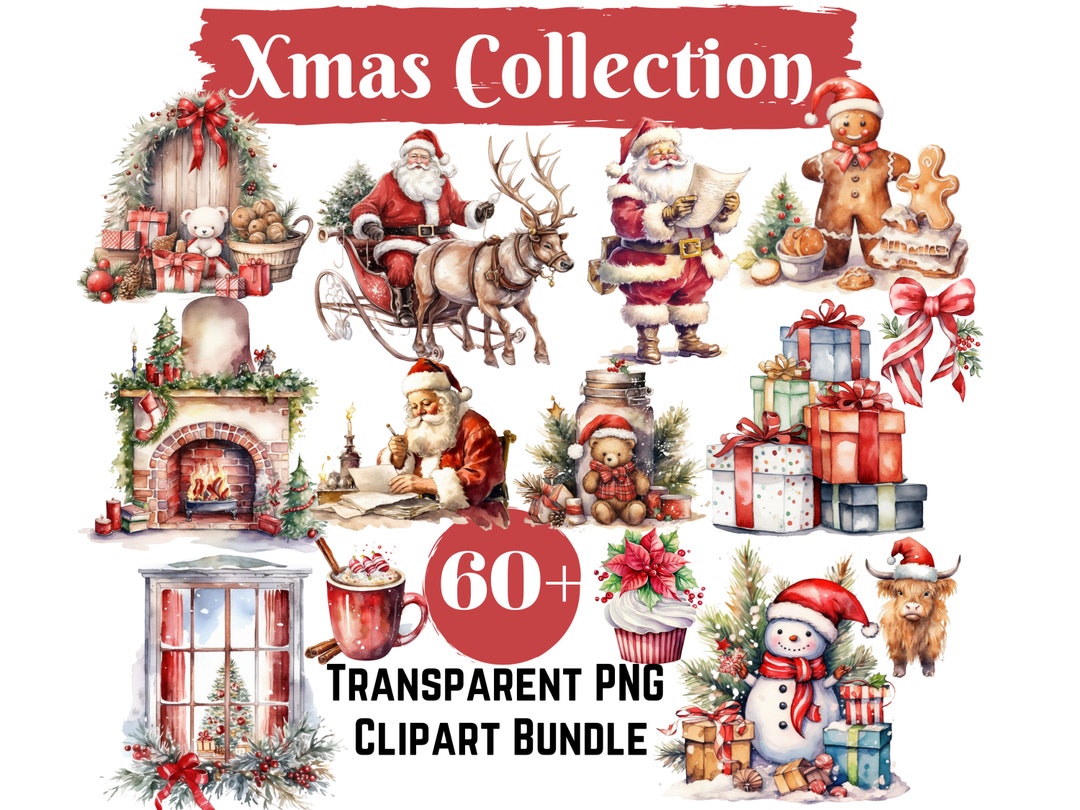 Christmas Clipart Pack 60+ Designs, Xmas Graphics, Santa, Sublimation ...