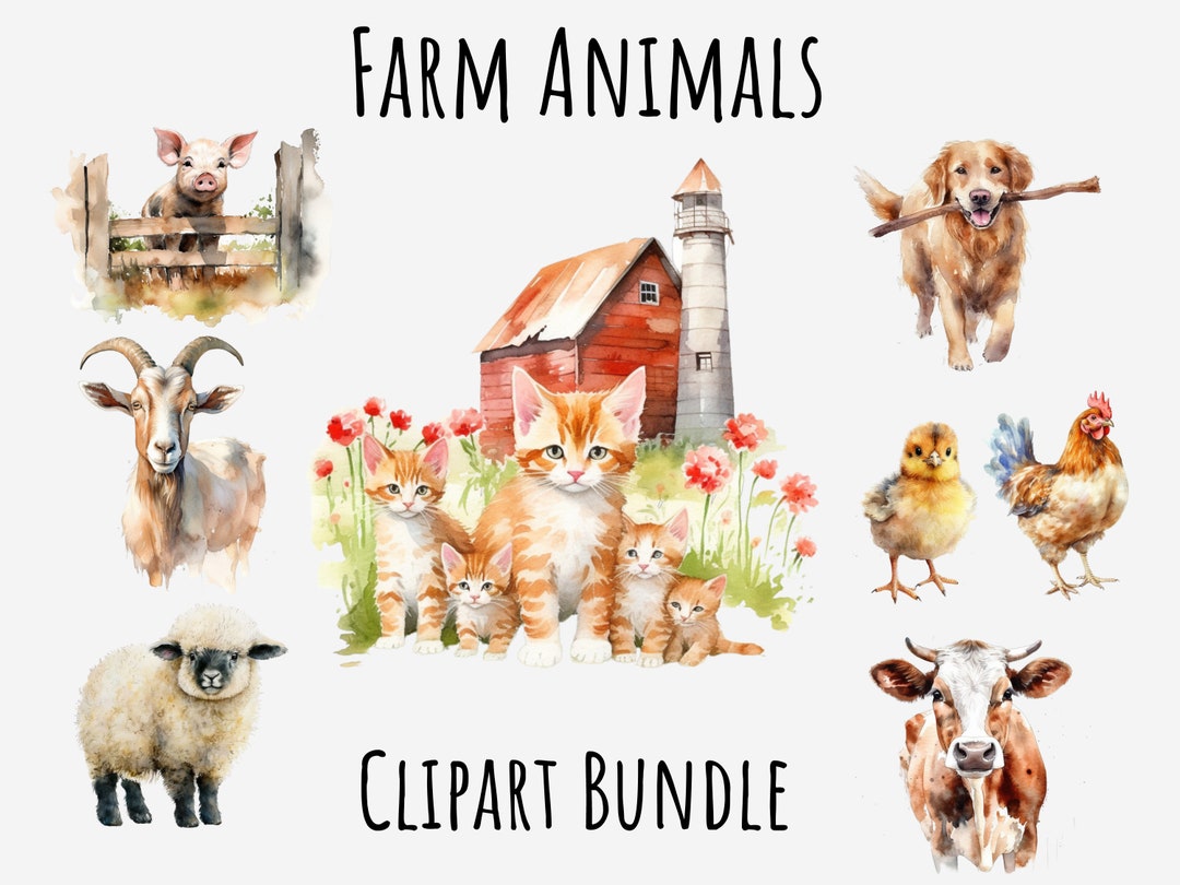 Watercolor Farm Animals Clipart Png, Sheep, Dog, Cat, Chick, Chicken ...