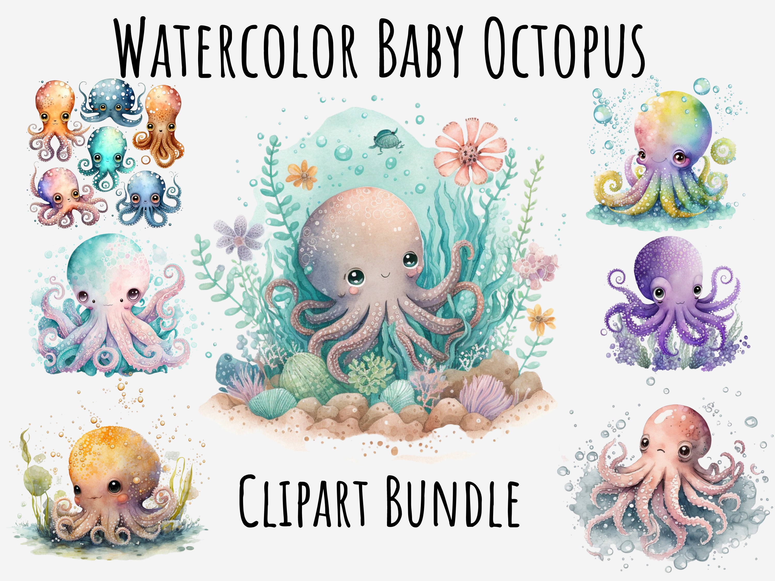 Watercolor Cute Baby Octopus Clipart Cute Sea Animals Png - Etsy