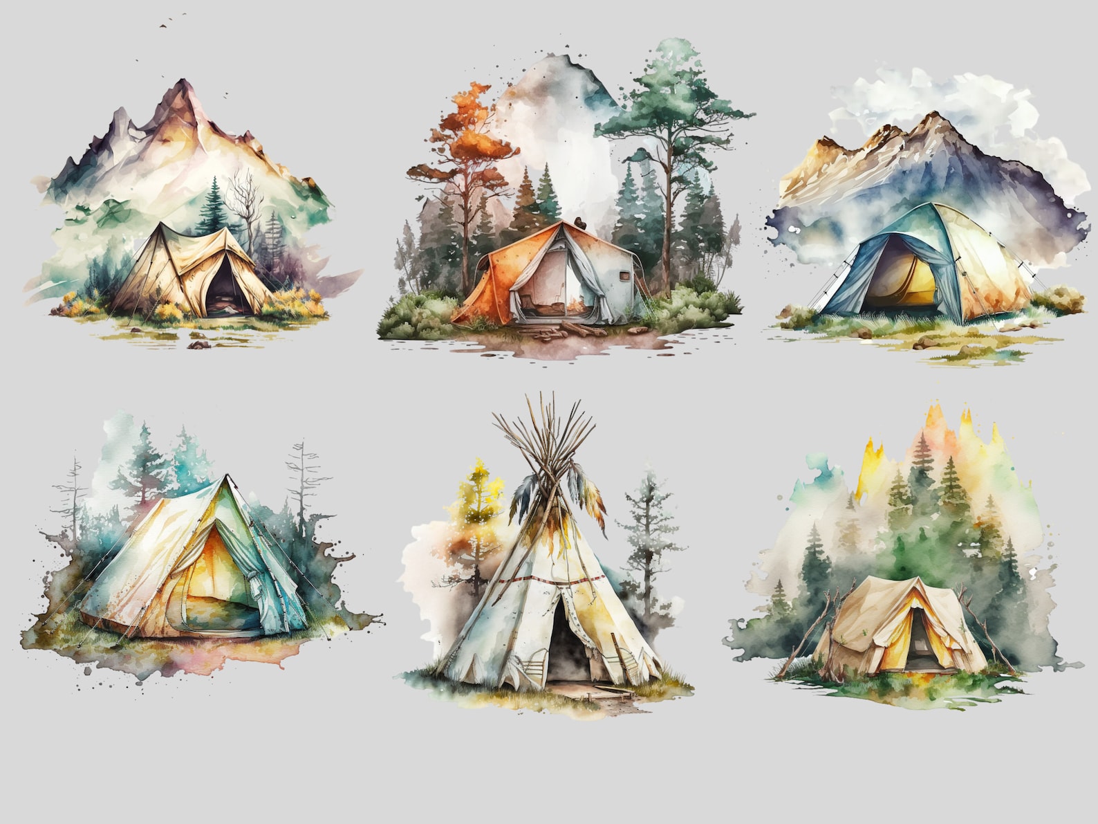 Watercolor Tent Hiking Camping Clipart Bundle PNG Mountain - Etsy