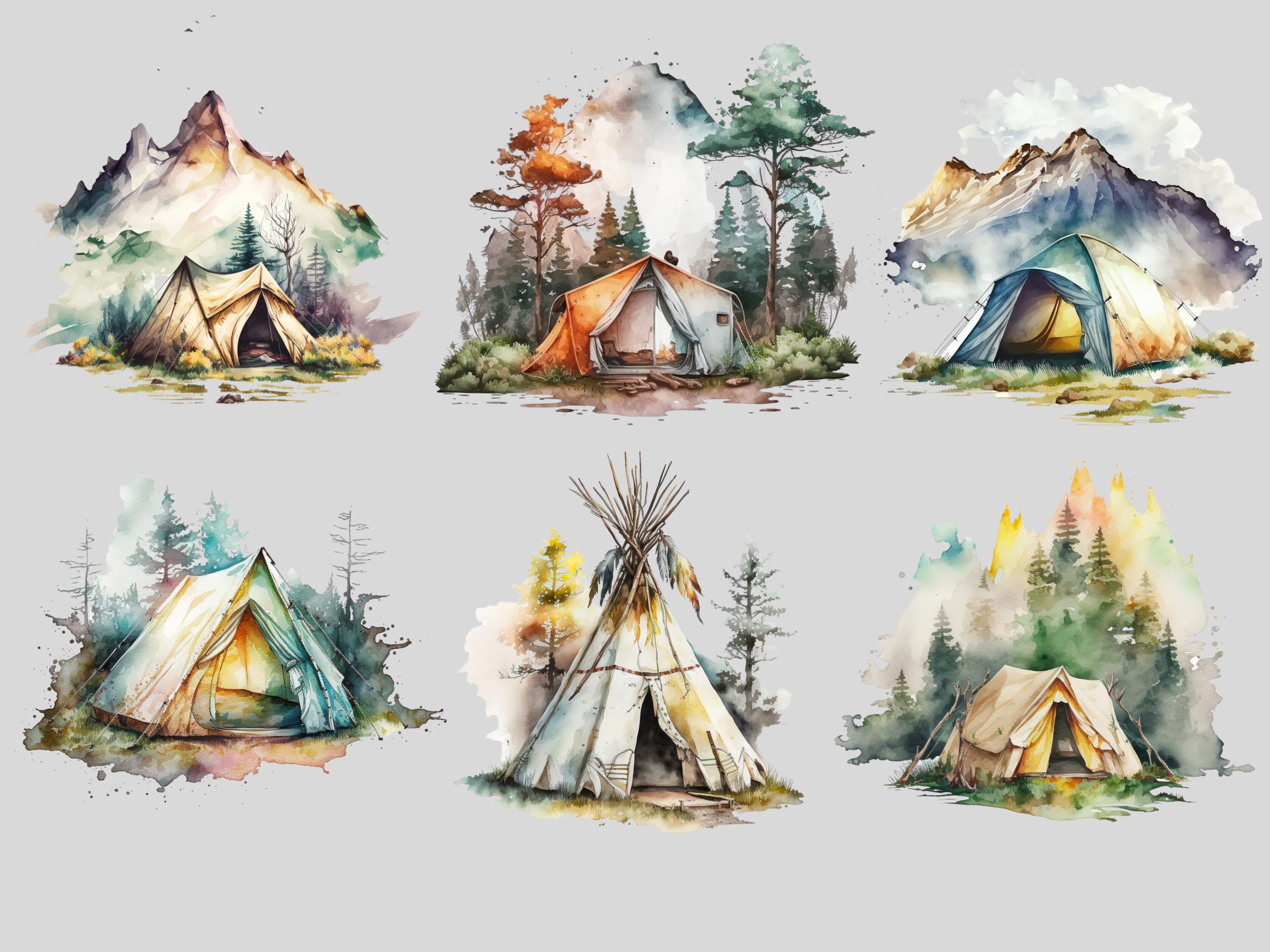 Watercolor Tent Hiking Camping Clipart Bundle PNG Mountain - Etsy