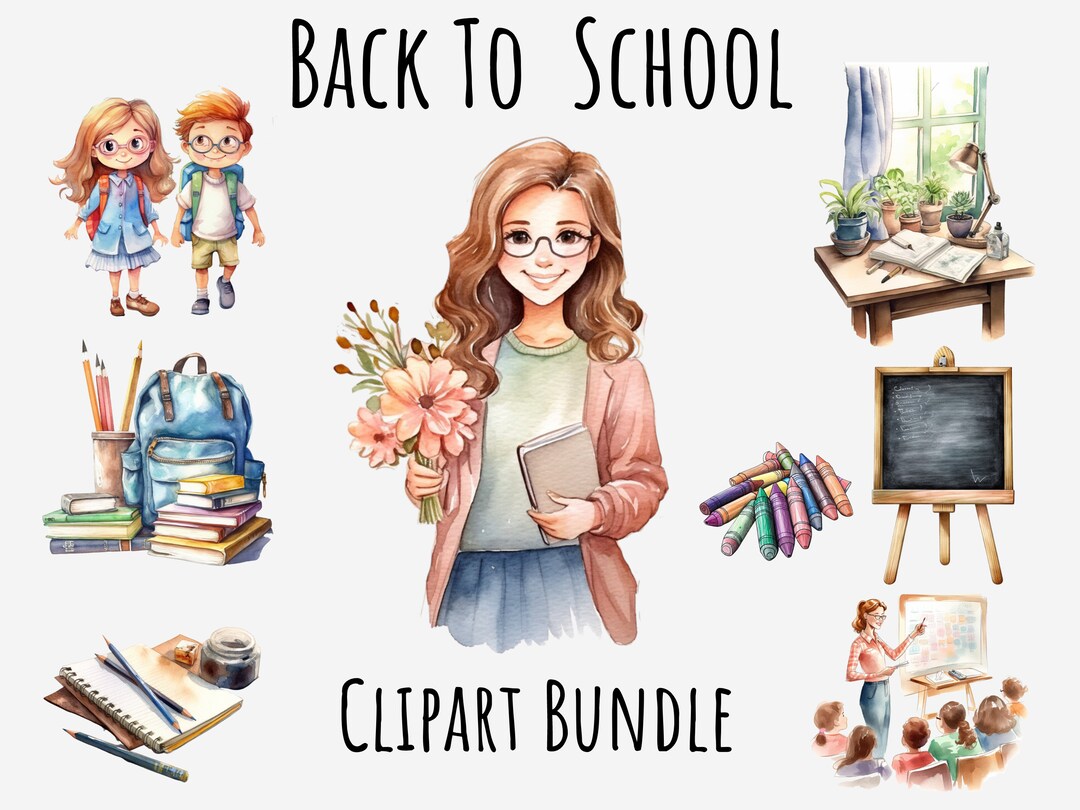 Watercolor Back to School Clipart, Teacher, Students, Chalkboard, Book ...