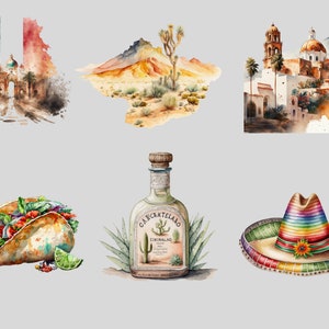 Watercolor Mexican Clipart, Fiesta, Cinco De Mayo, Guitar, Cactus ...