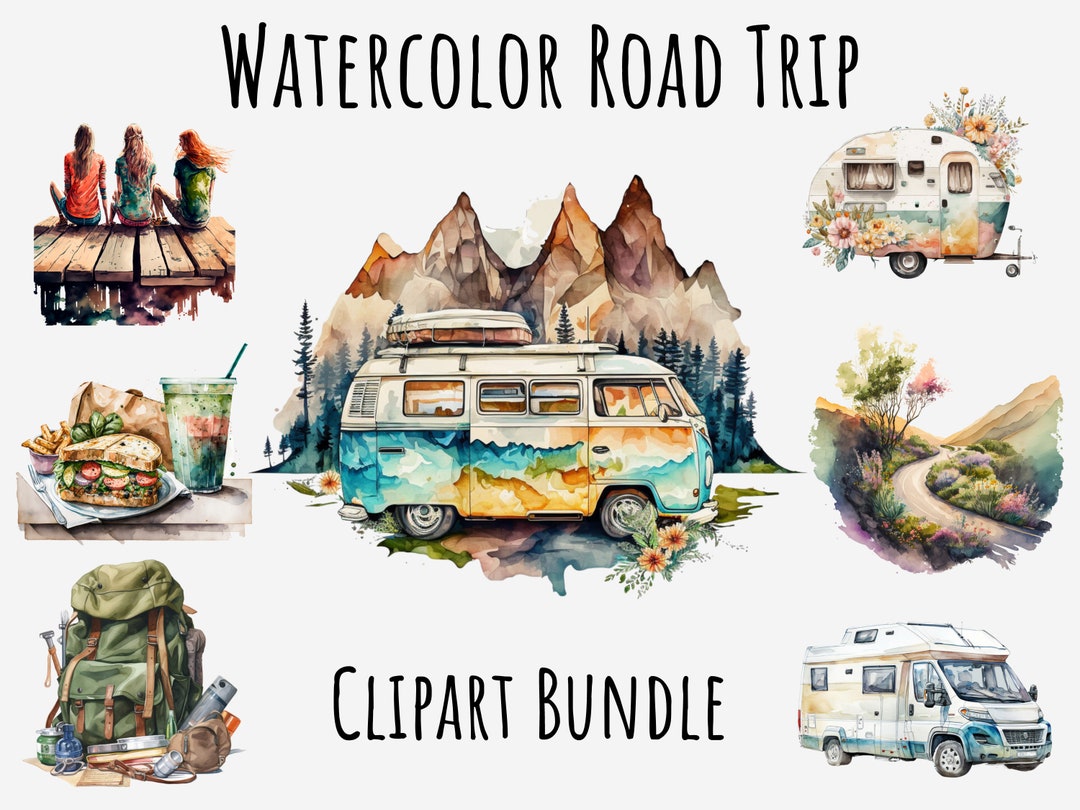 Watercolor Road Trip Clipart Png Bundle, Camper, RV, Friends, Hiking ...