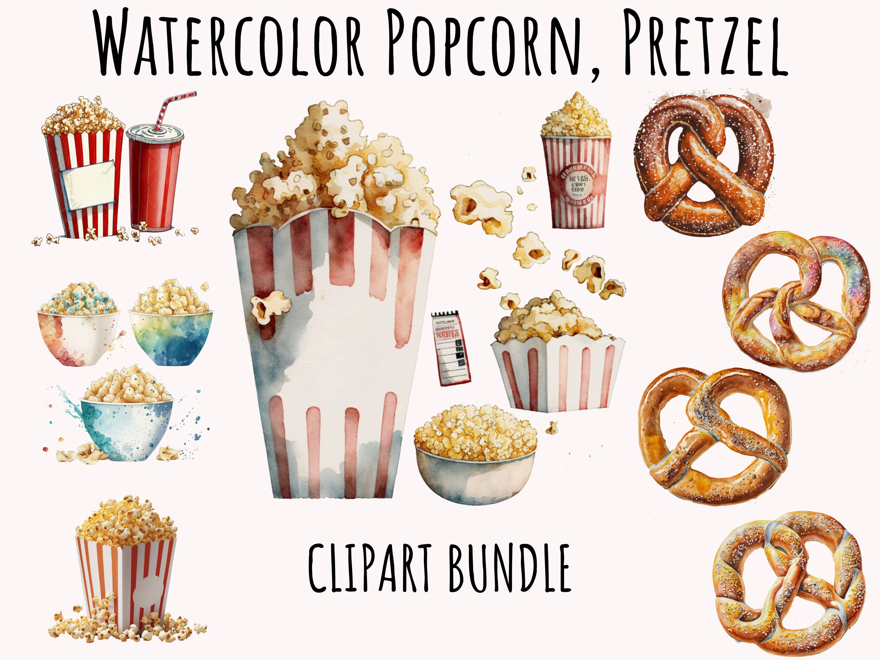 Watercolor Popcorn Clipart Pretzel Clipart PNG Snacks - Etsy
