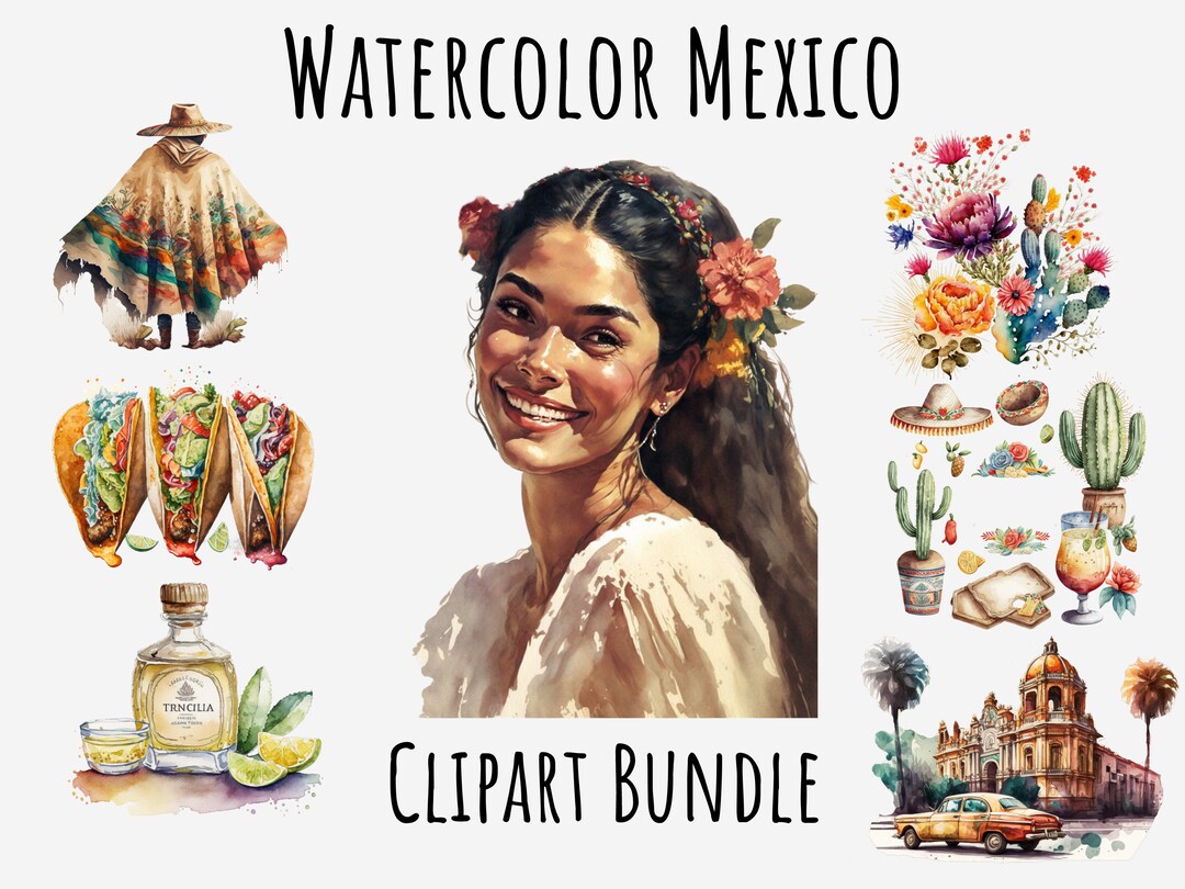 Watercolor Mexican Clipart, Fiesta, Cinco De Mayo, Guitar, Cactus ...