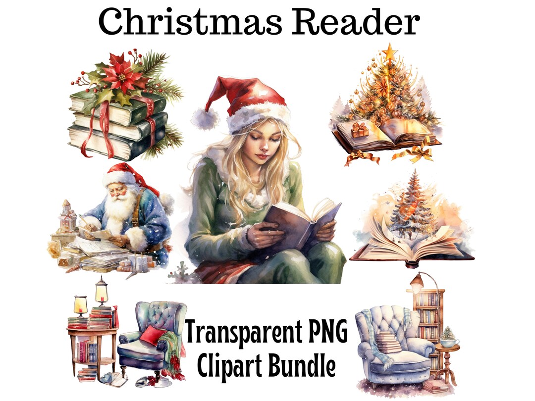 Watercolor Christmas Reading Clipart, Bookworm, Holiday Bookish Png ...