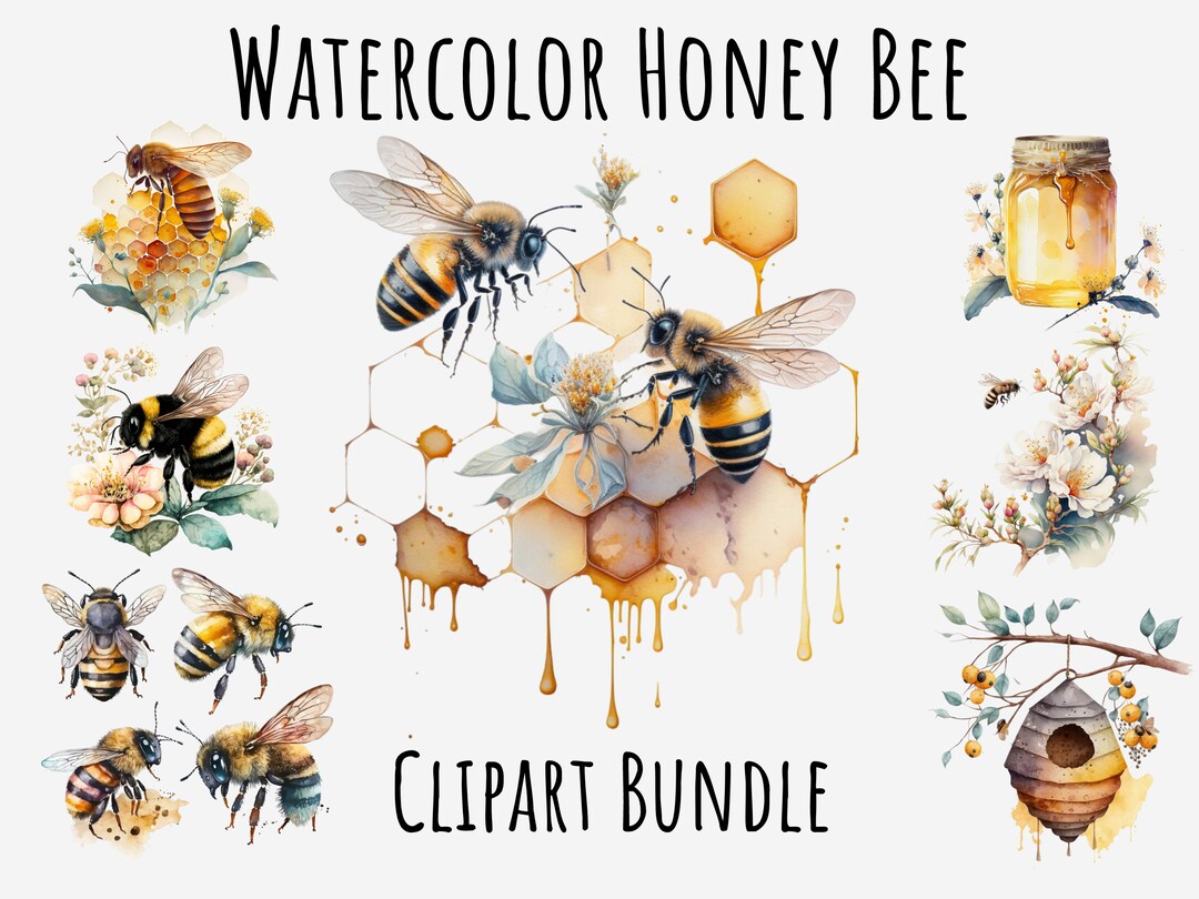 Watercolor Honey Bumble Bee Clipart, Spring Garden Floral Bee, Bee Art ...