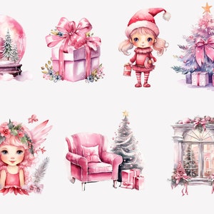 Watercolor Pink Christmas Clipart, Winter Fireplace, Stockings, Gifts ...