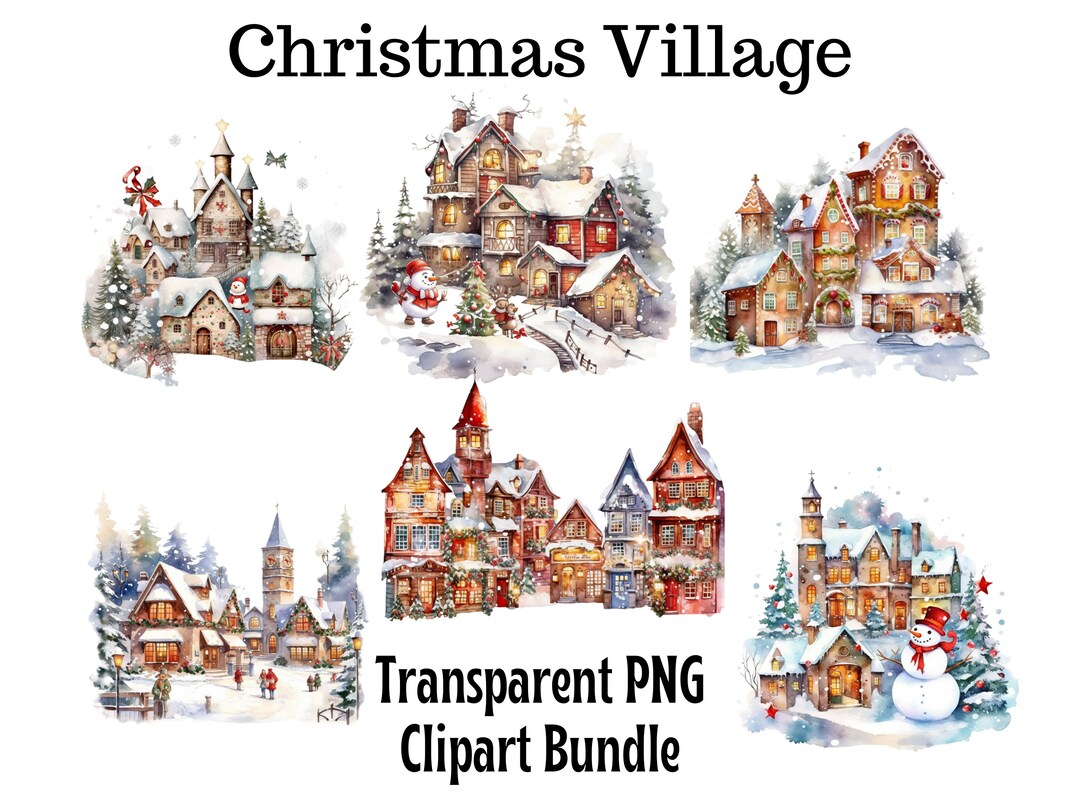 Watercolor Christmas Village Clipart Bundle, Winter Holiday Buildings ...