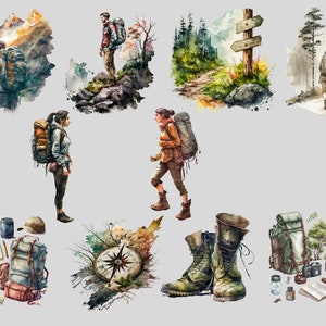 Watercolor Hiking Clipart, Hiker, Outdoors, Camper, Camping, Nature ...