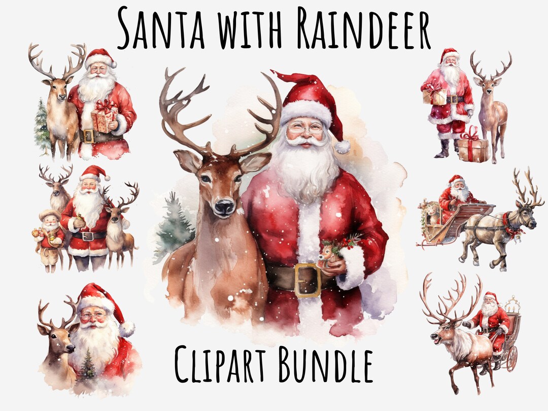 Watercolor Santa Reindeer Clipart, Christmas Sleigh, Santa Claus, Retro ...