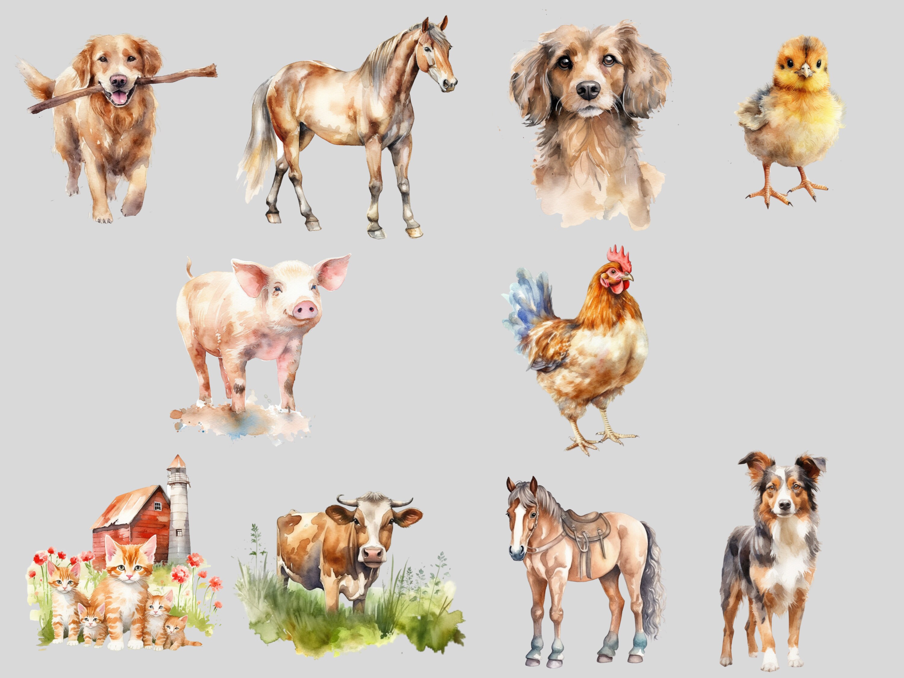 Watercolor Farm Animals Clipart Png, Sheep, Dog, Cat, Chick, Chicken ...