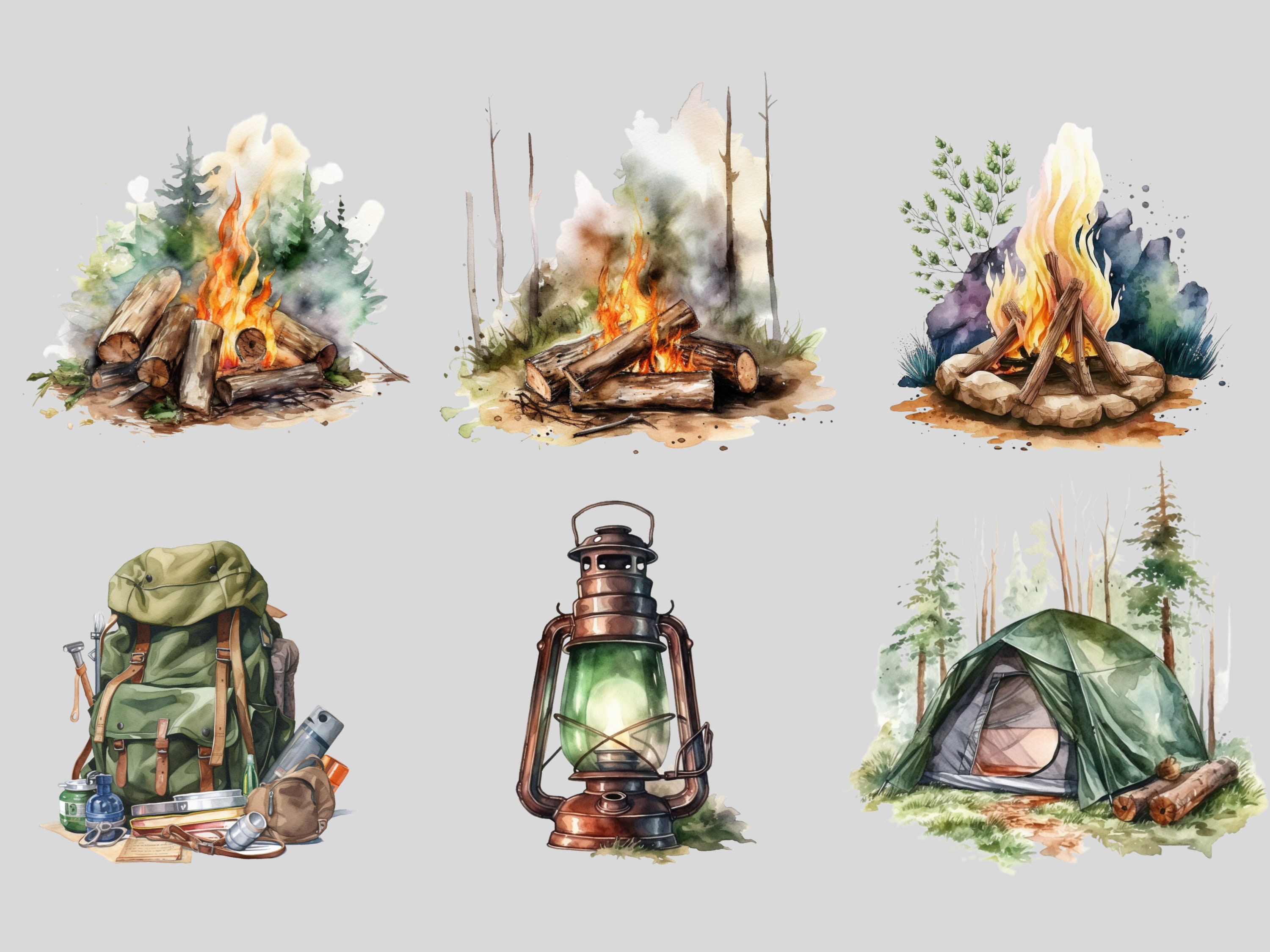 Watercolor Outdoor Camping Clipart Backpack Bonfire Tent - Etsy