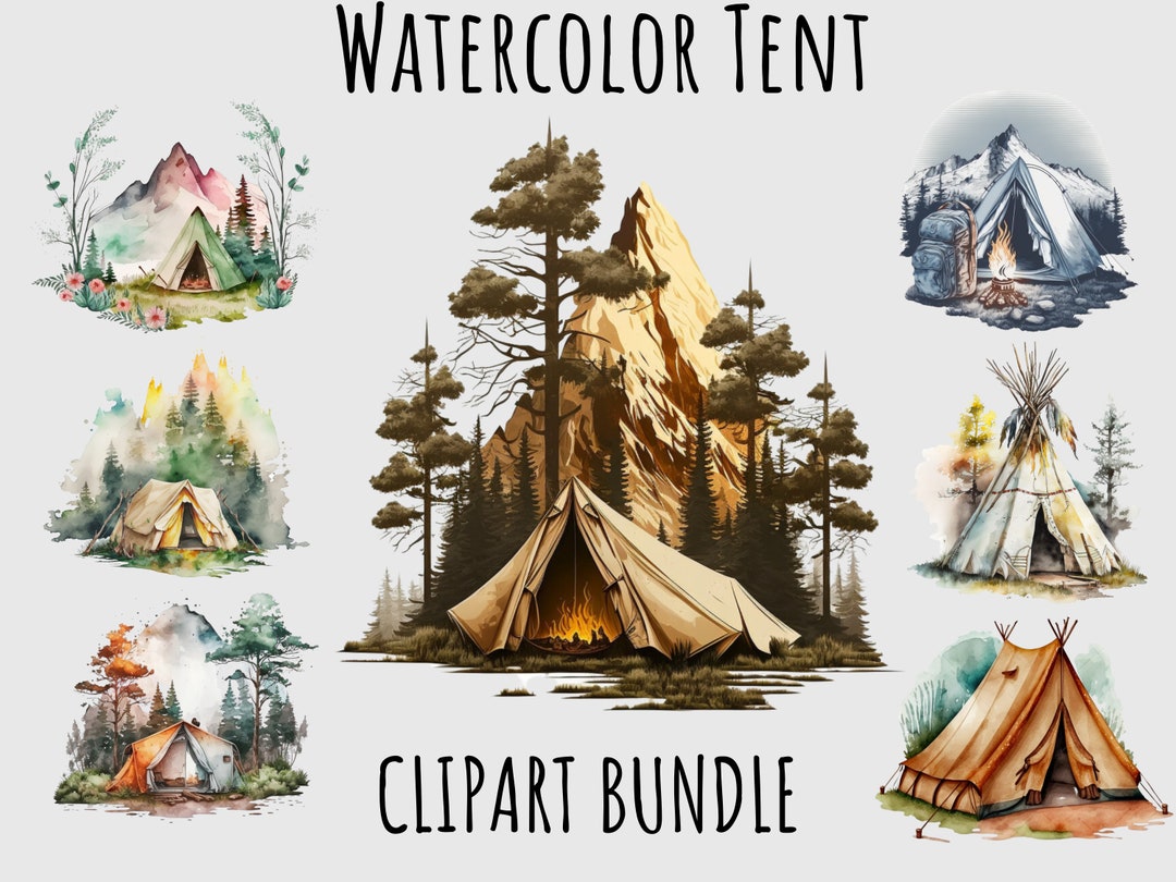 Watercolor Tent, Hiking, Camping Clipart Bundle PNG Mountain Forest ...