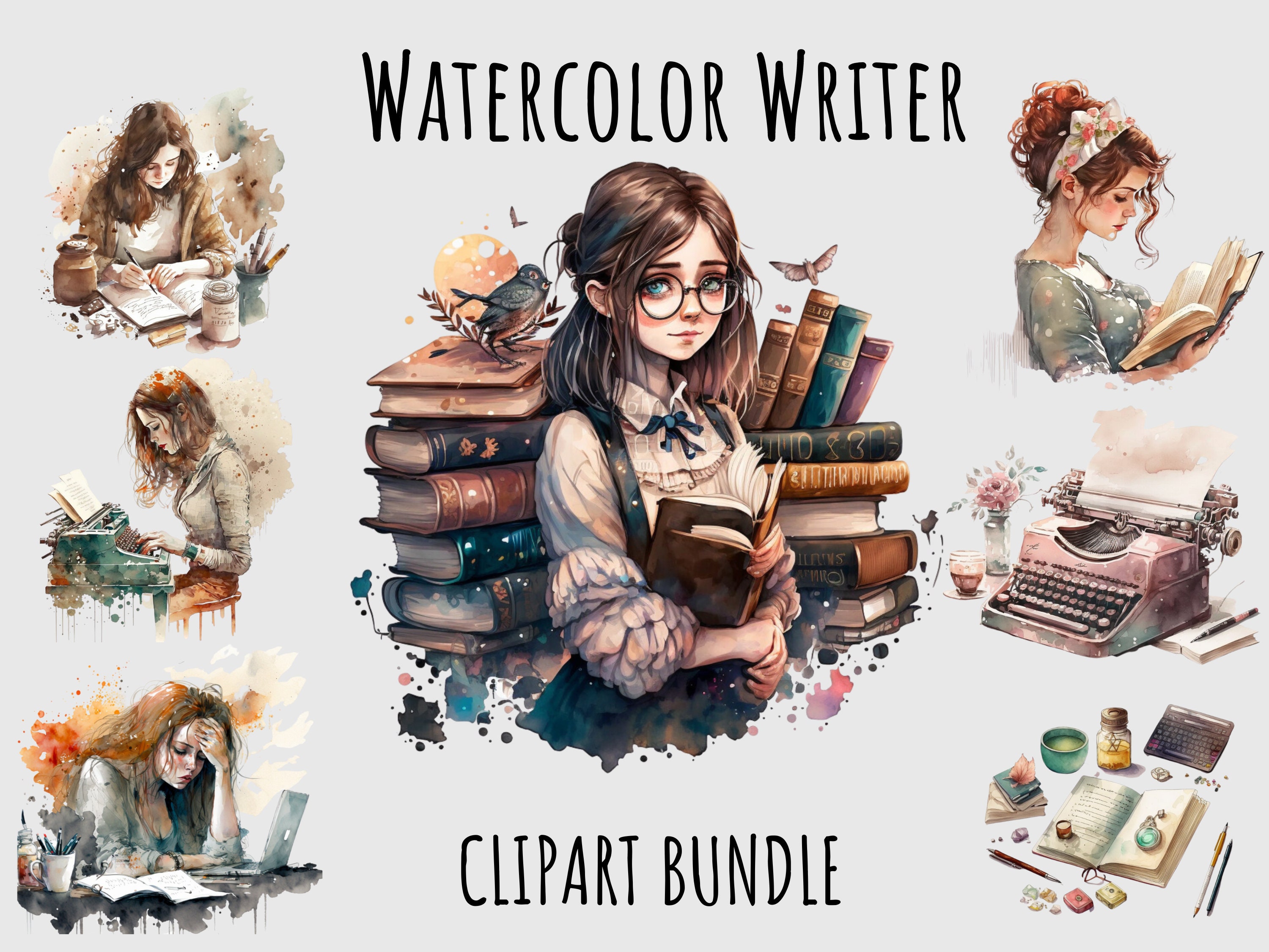 Watercolor Writer Clipart PNG Open Book Typewriter Books - Etsy