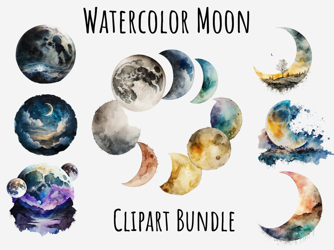 Watercolor Moon Clipart, Moon Phases, Full Moon, Crescent Png, Galaxy ...