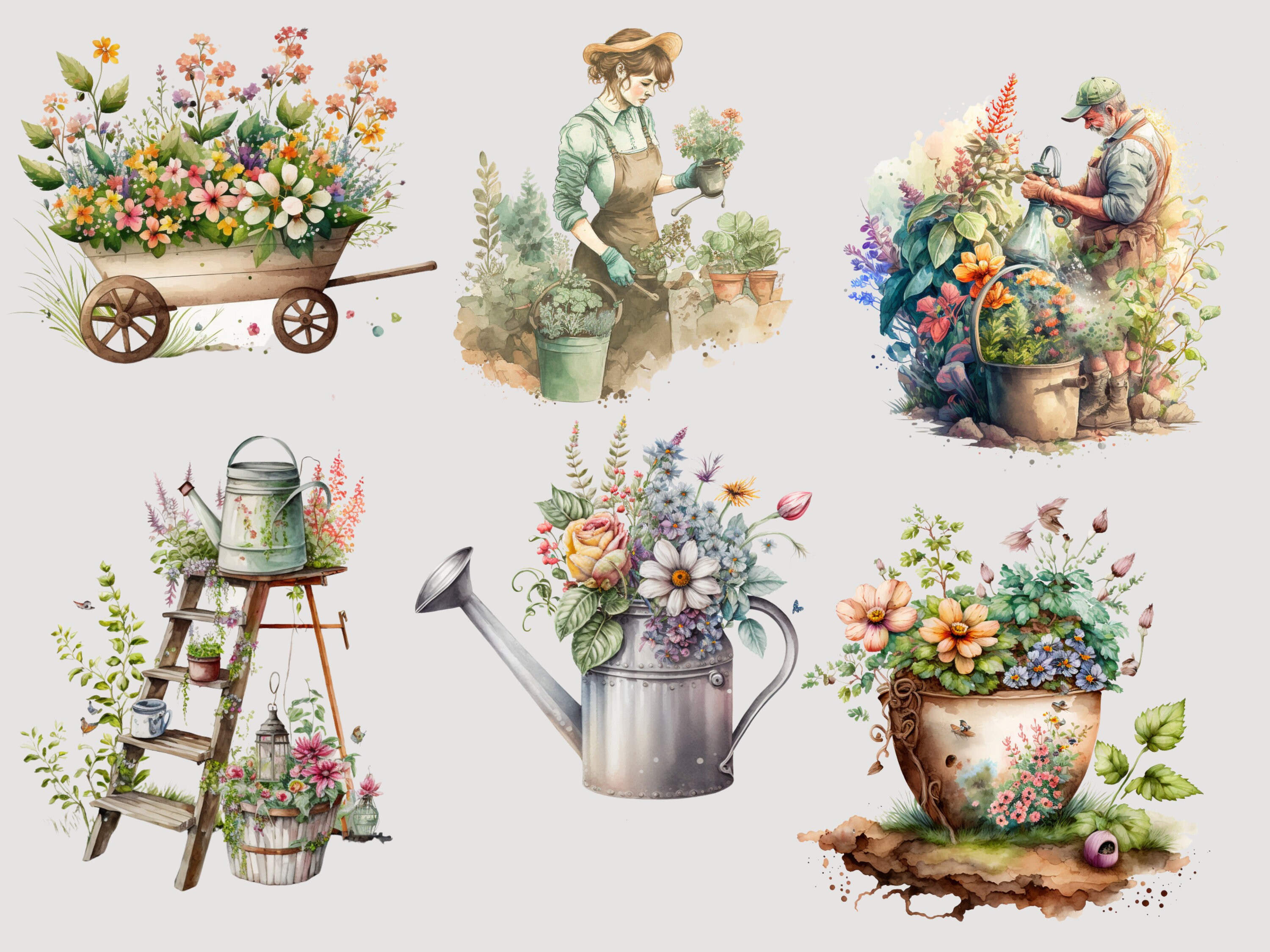 Watercolor Gardening Clipart Png Bundle Flower Clipart - Etsy
