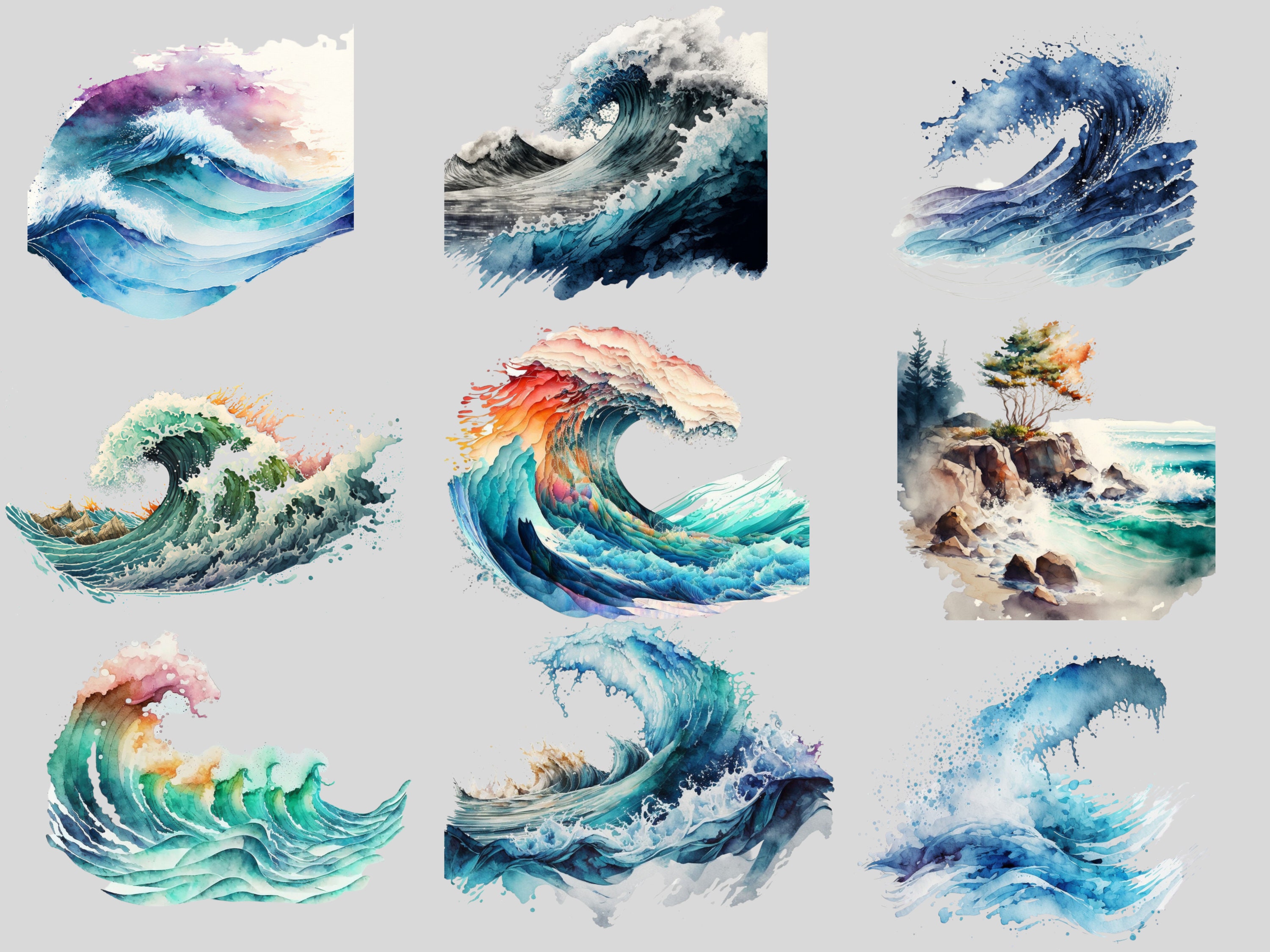 Watercolor Waves Clipart, Waves PNG Bundle, Sea Wave Graphics Printable ...