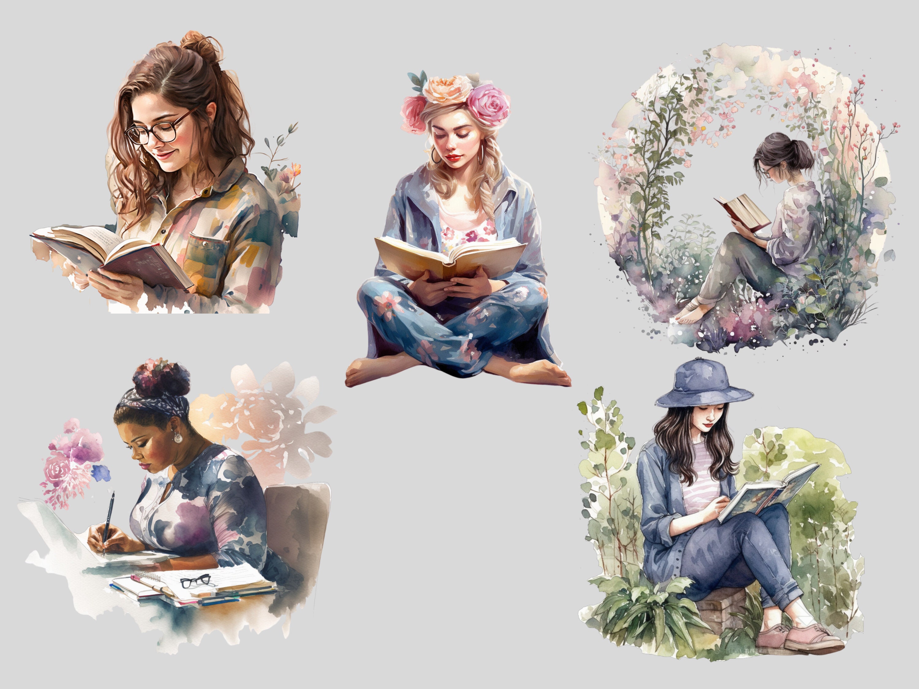 Watercolor Girl Reading Clipart PNG Artist Open Book Clipart - Etsy UK