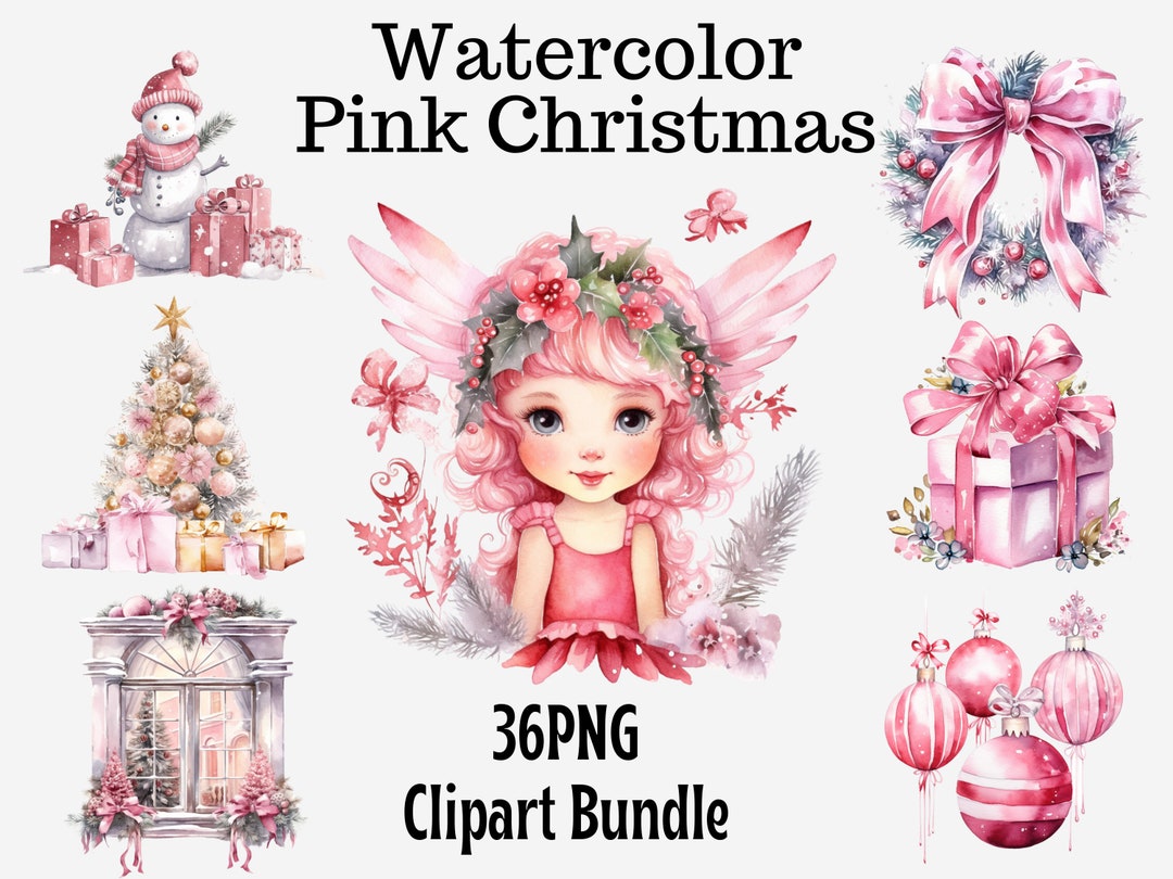 Watercolor Pink Christmas Clipart, Winter Fireplace, Stockings, Gifts ...
