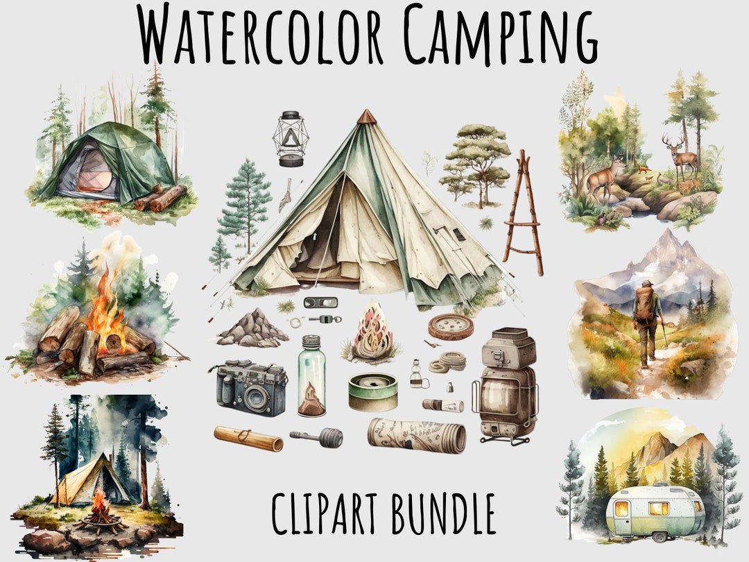 Watercolor Outdoor Camping Clipart, Backpack, Bonfire, Tent, Nature ...